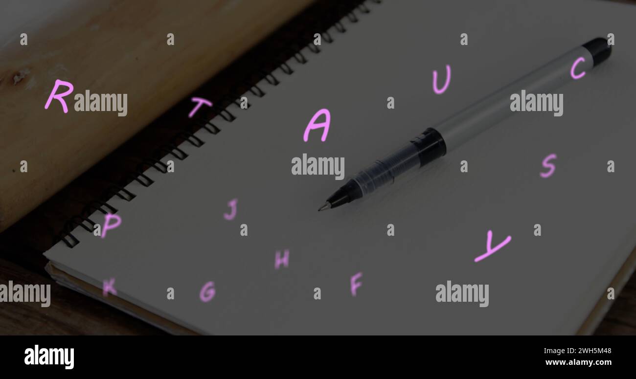 Image of letters over notebook and pen Stock Photo - Alamy