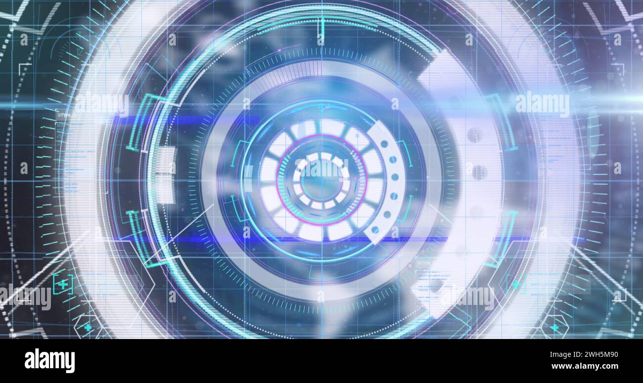 Round scanner and spot of light against data processing on blue background Stock Photo - Alamy