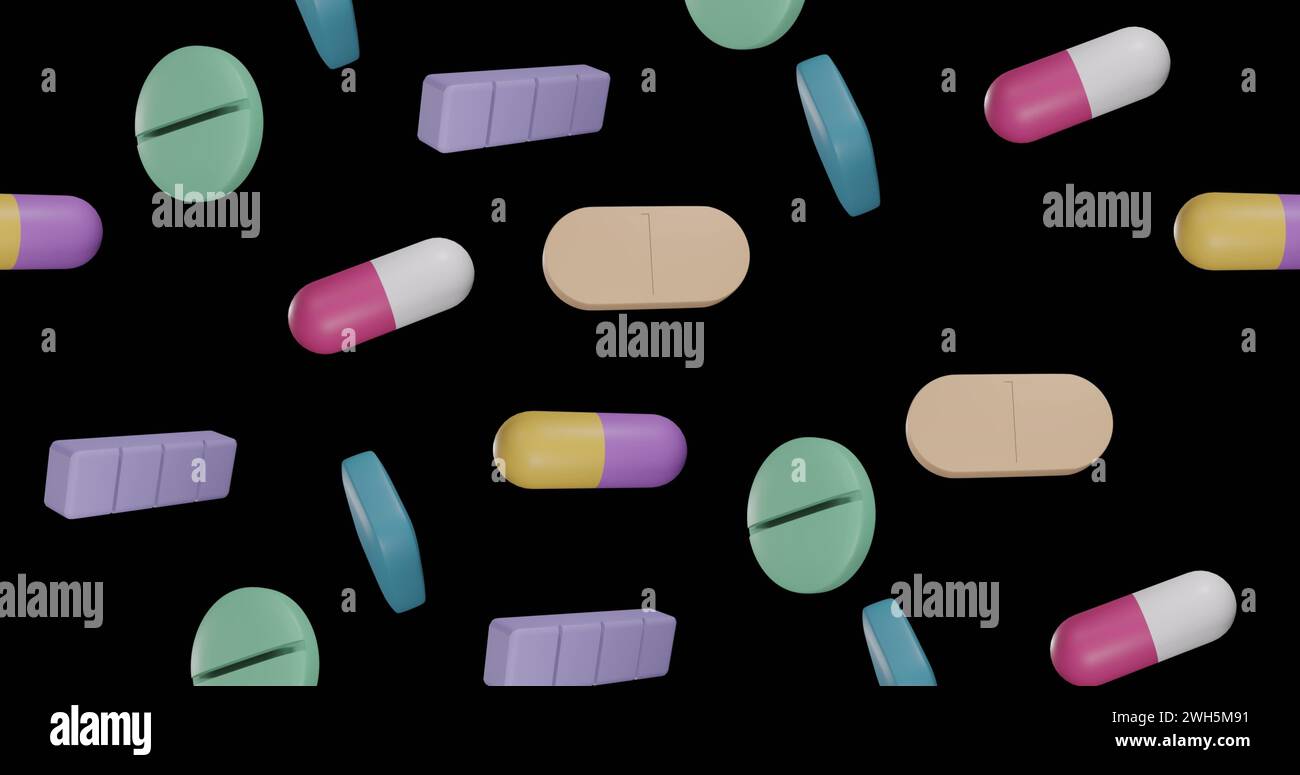 Image of floating pills on black background Stock Photo - Alamy