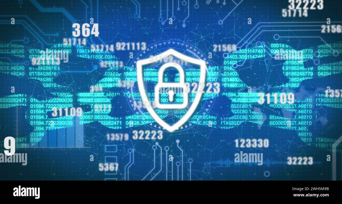 Security padlock icon and multiple changing numbers against blue ... Security padlock icon and multiple changing numbers against blue ...