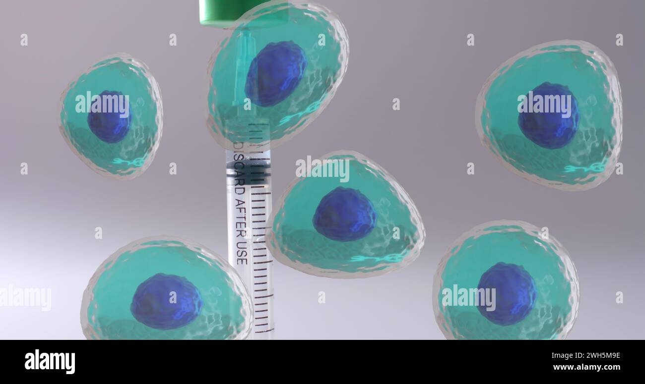Image of floating cells over vaccine and vial on white background Stock ...