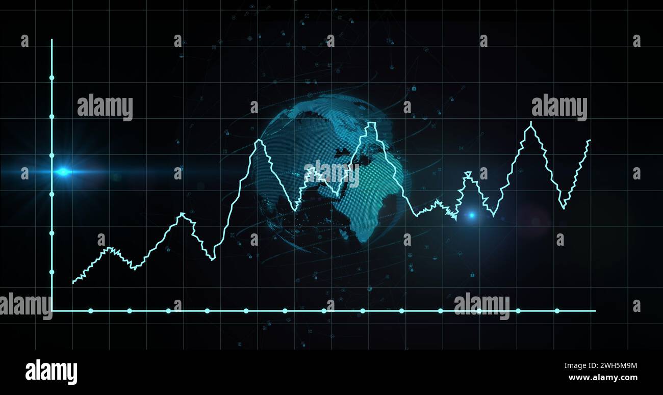 Image of graph and globe on black background with lights Stock Photo ...