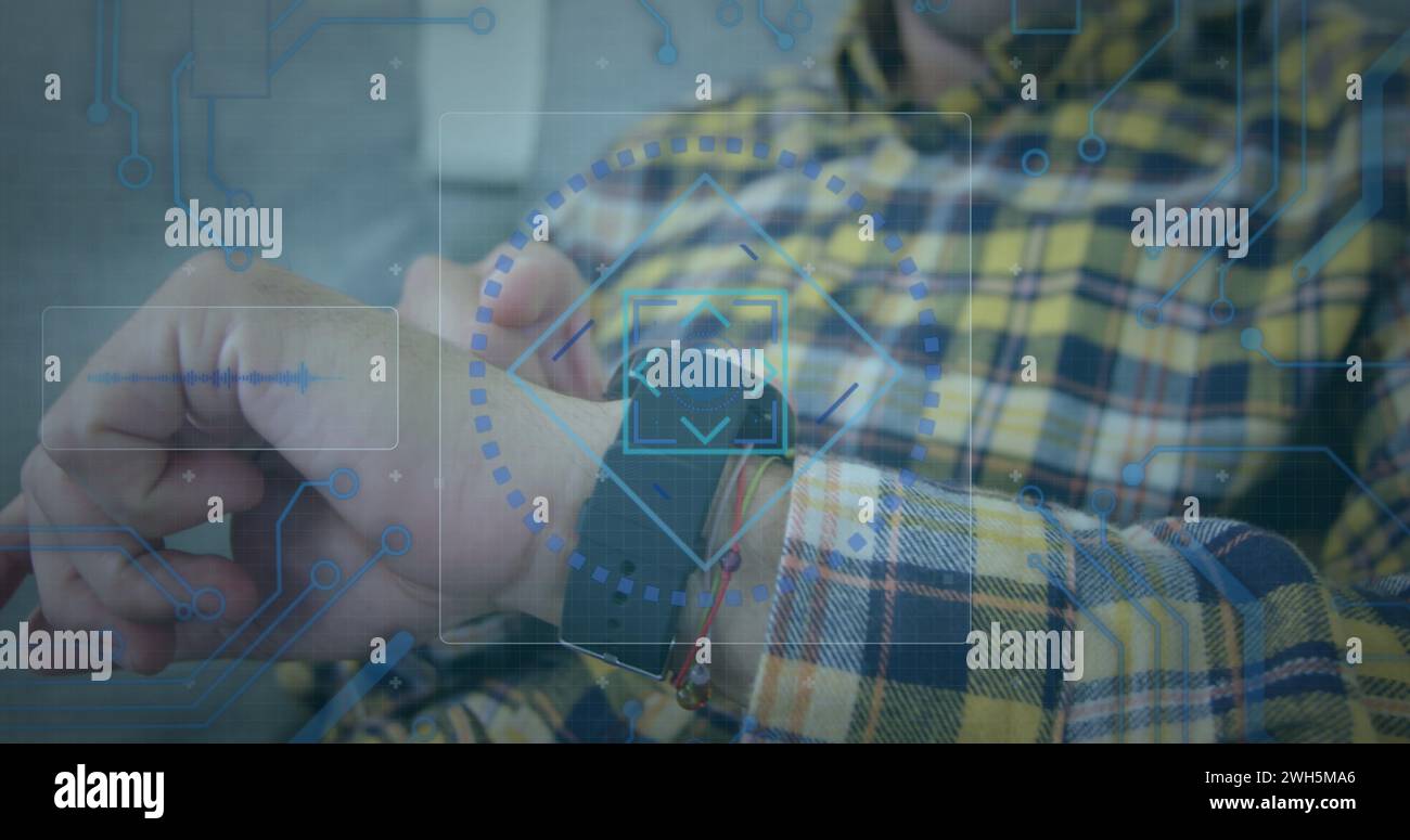 Digital interface with data processing against mid section of man using ...