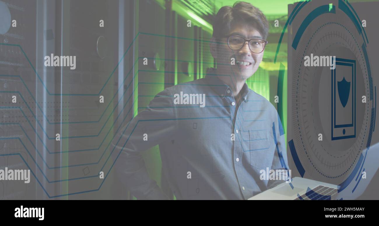 Image of data processing over asian male worker in server room Stock ...