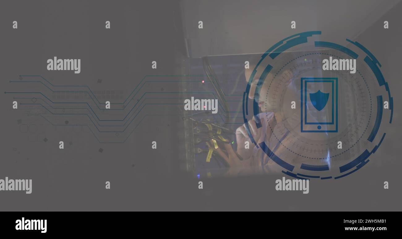Image of data processing over caucasian female worker in server room ...