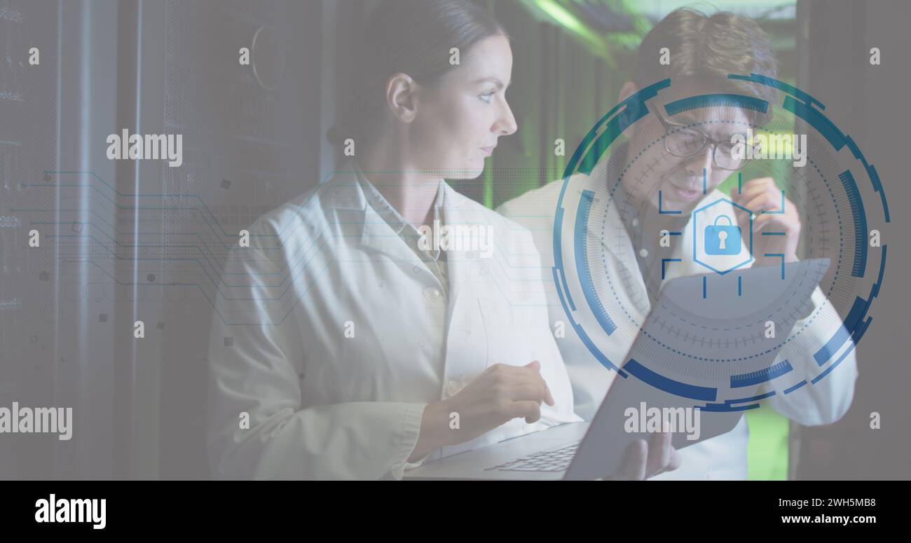 Image of data processing over diverse workers in server room Stock ...