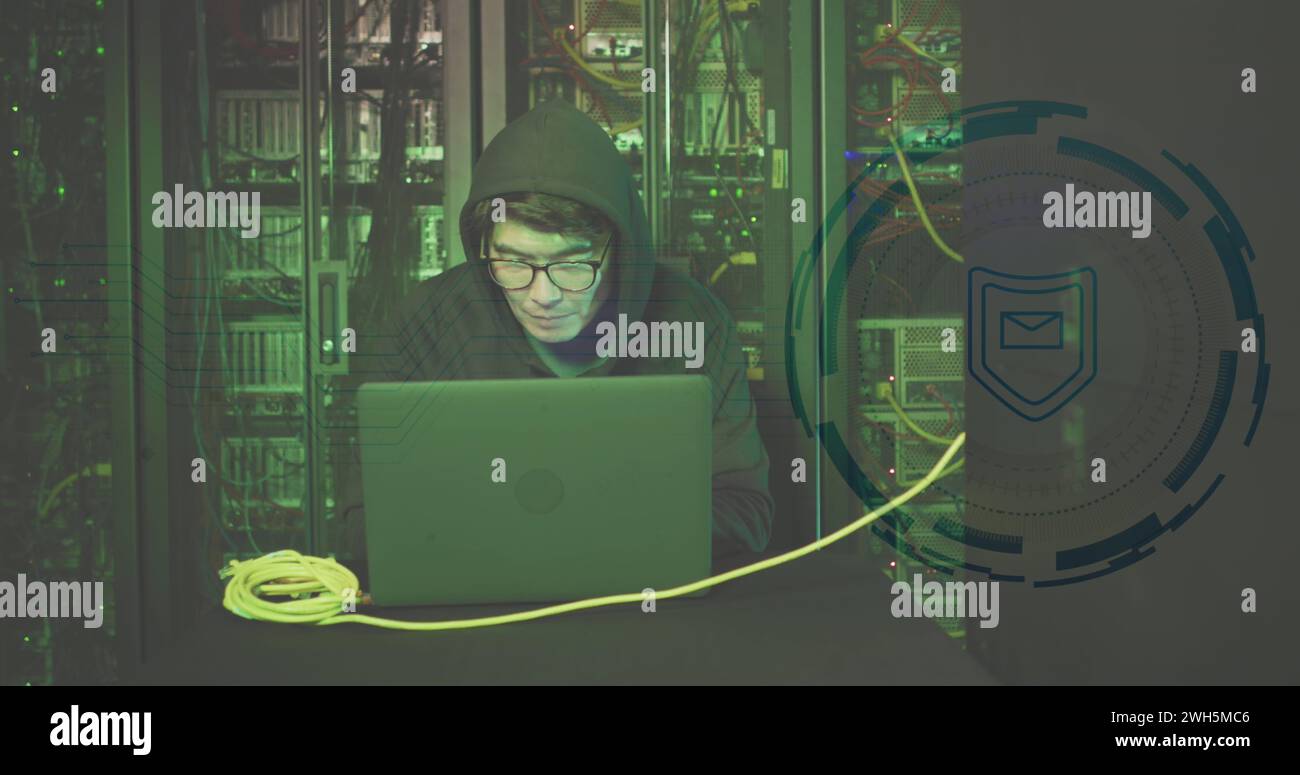Image of data processing over asian male hacker in server room Stock ...
