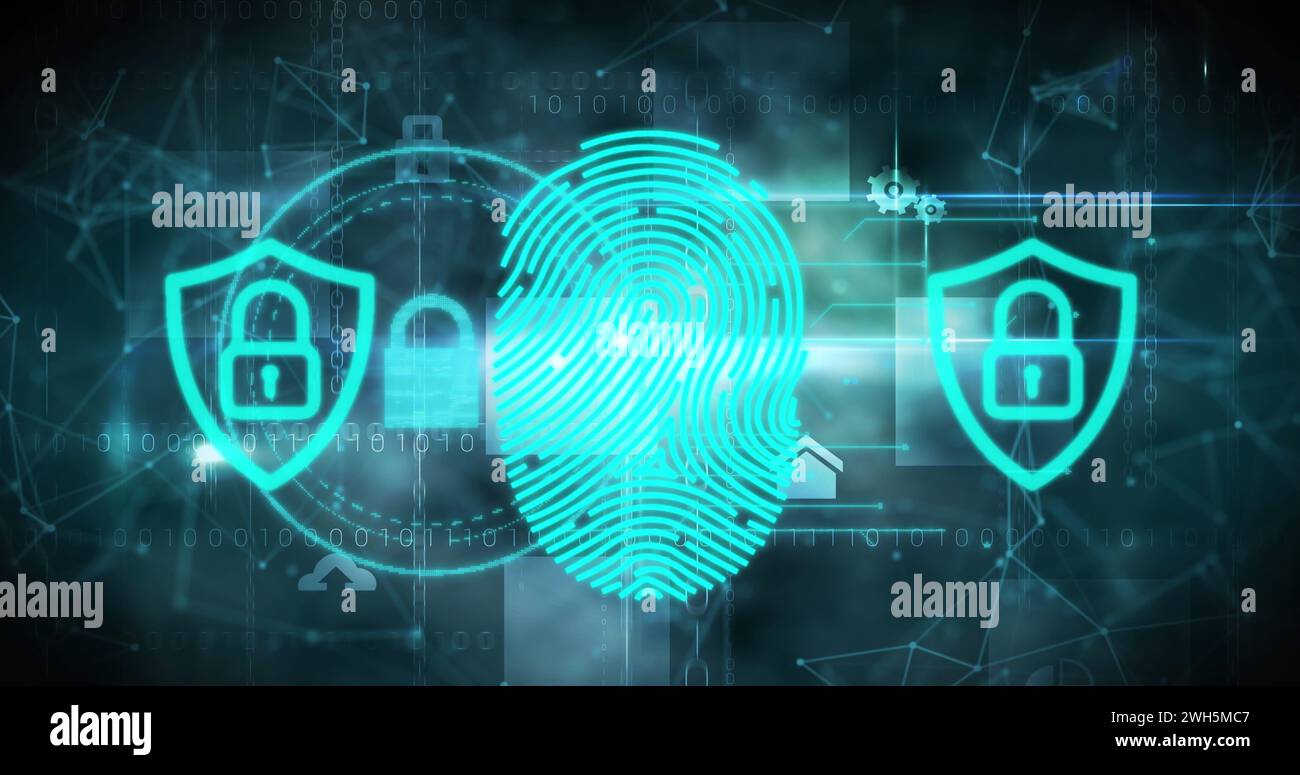 Image of biometric fingerprint with online security padlocks on glowing ...