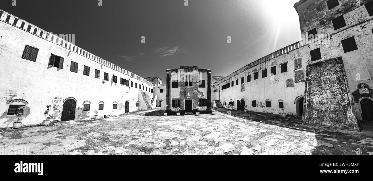 A scenic view of Elmina Castle, Ghana, Africa, in black and white Stock ...