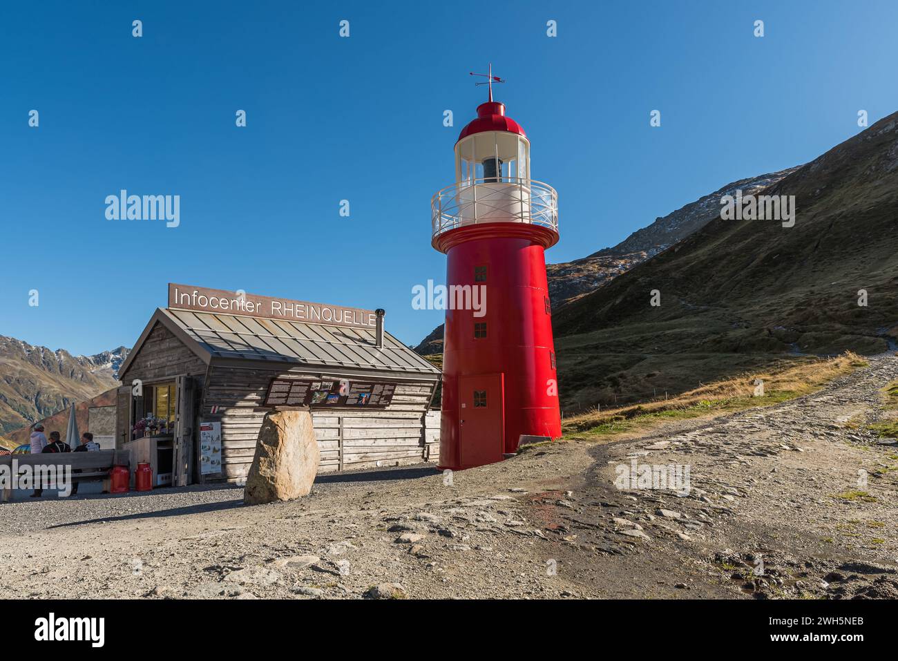 Top of the Oberalp Pass, red lighthouse and information point at the source of the Rhine, Canton ...