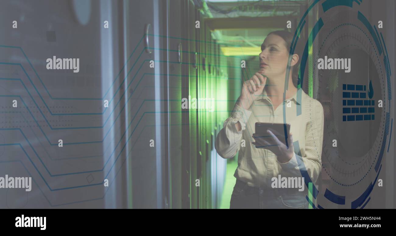 Image of data processing over caucasian female worker in server room ...