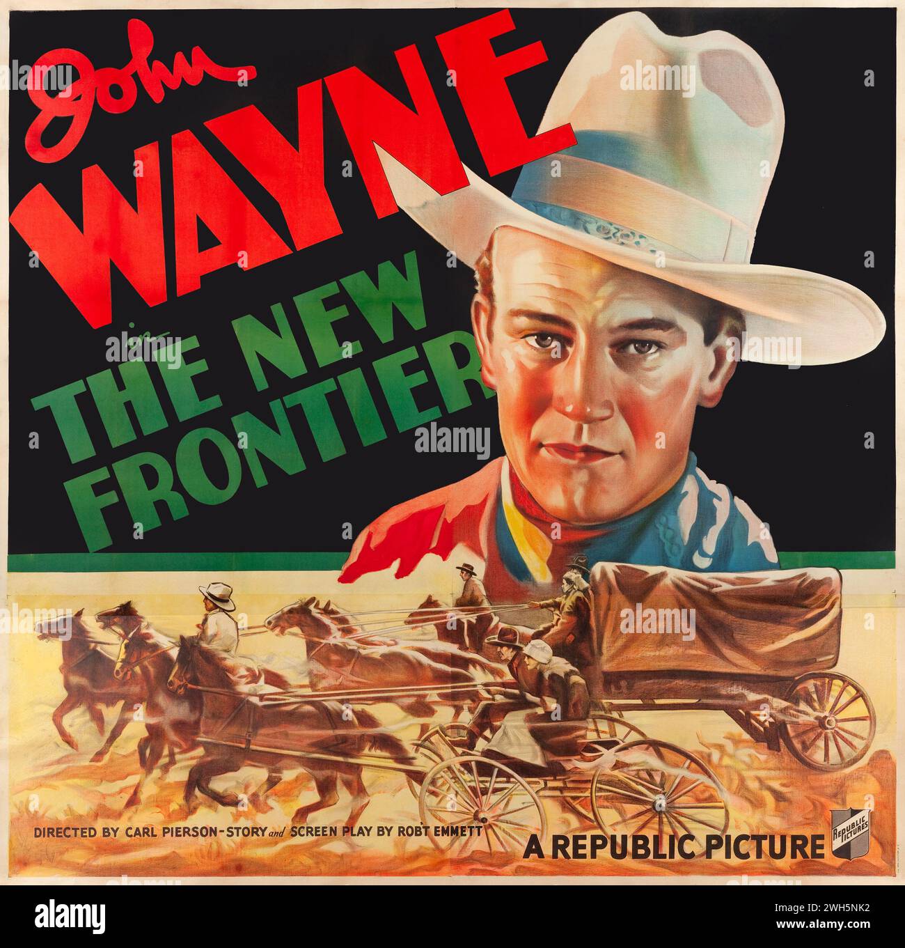 John Wayne in The New Frontier (Republic, 1935) Western movie - Vintage film poster Stock Photo ...