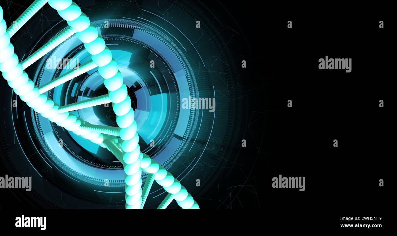 Image of dna strand spinning with data processing over black background ...