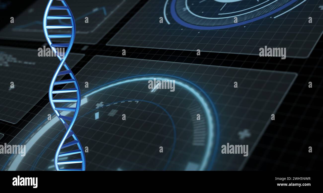 Image of dna strand spinning with data processing over black background ...