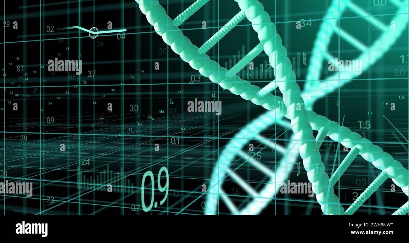 Image of dna strands spinning with data processing over black background Stock Photo - Alamy