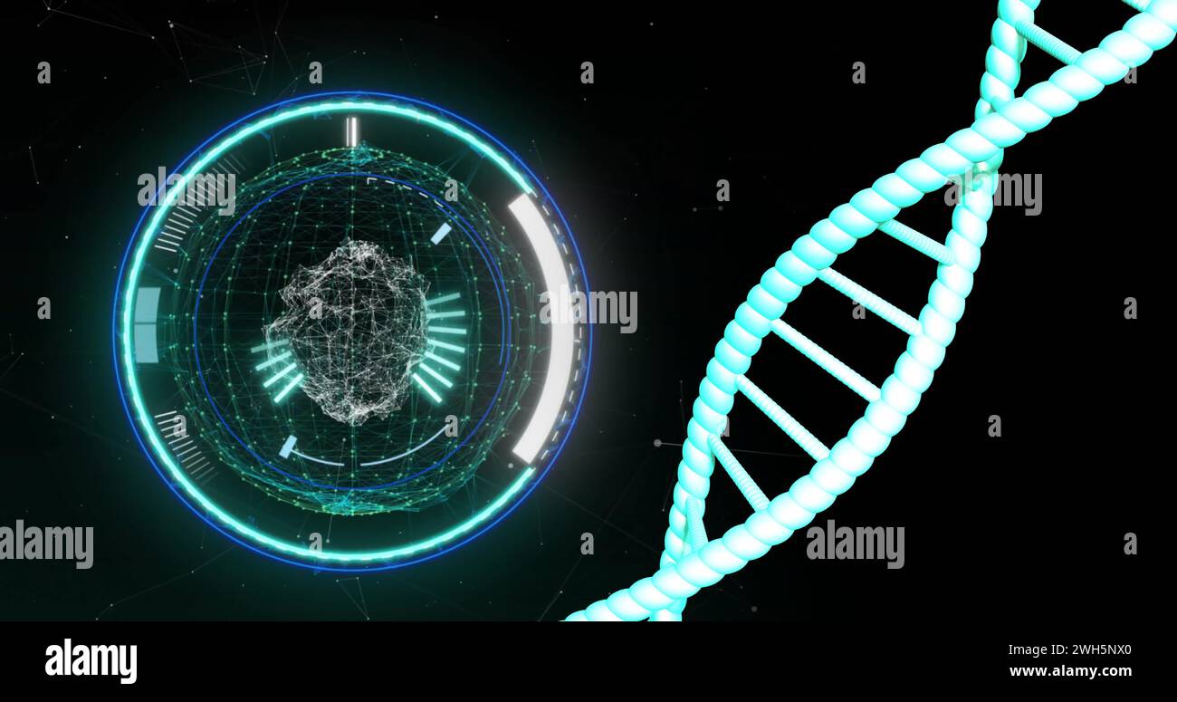 Image of dna strand spinning with data processing over black background ...