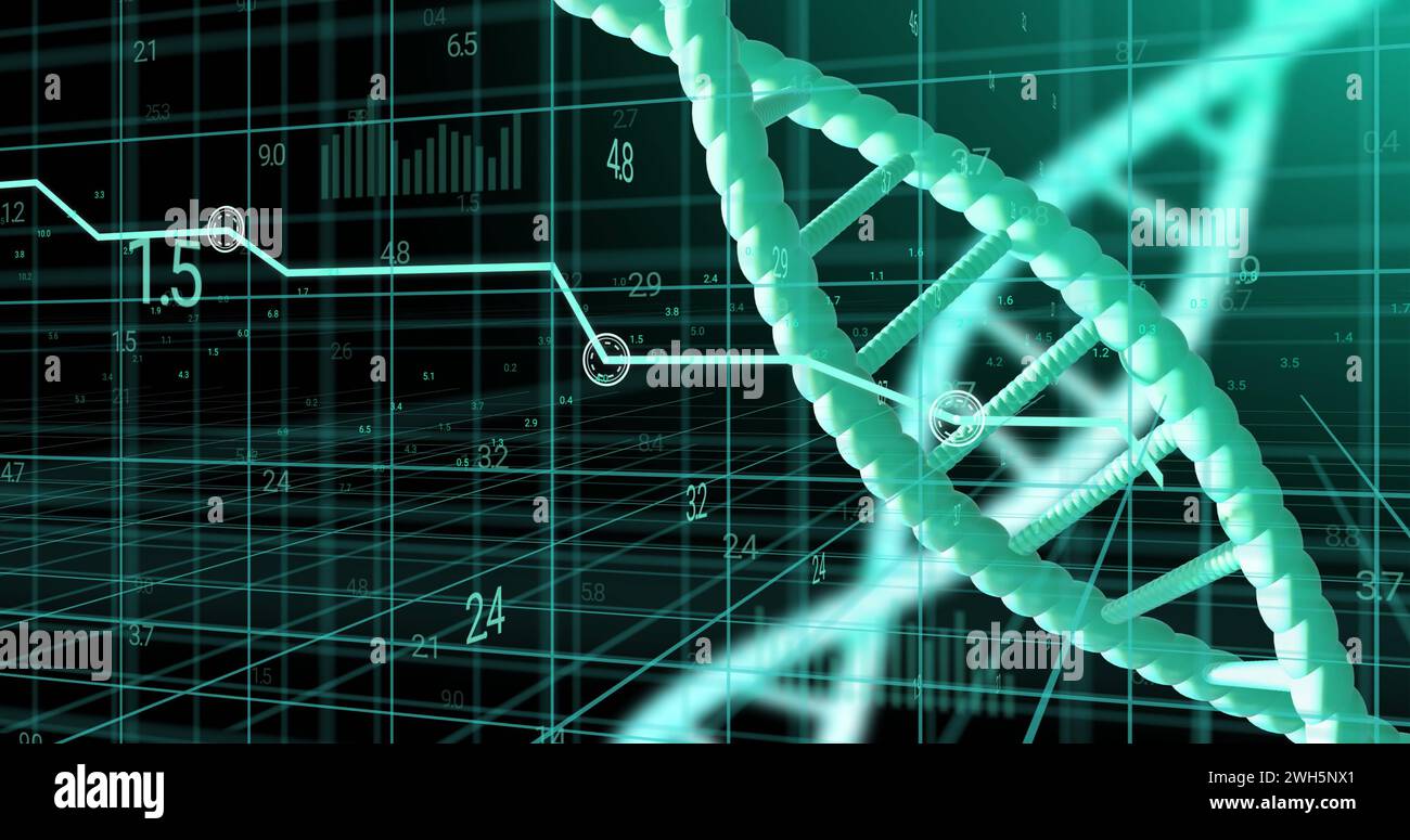 Image of dna strands spinning with data processing over black ...