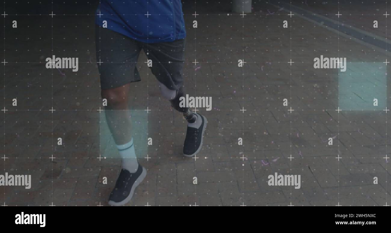 Image of male runner with prosthetic leg over grid and data processing ...