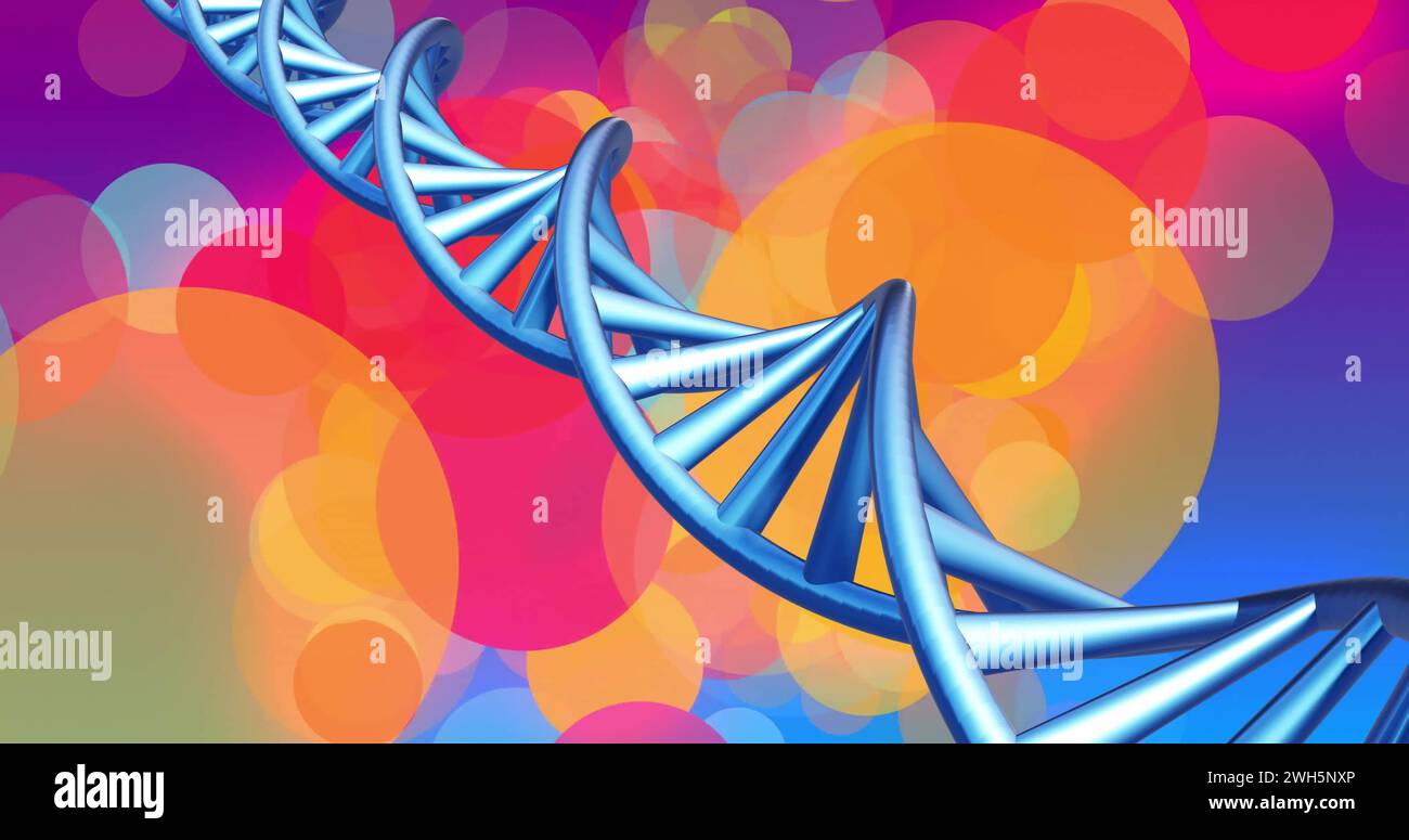 Image of dna strand spinning over glowing spots lights on blue ...