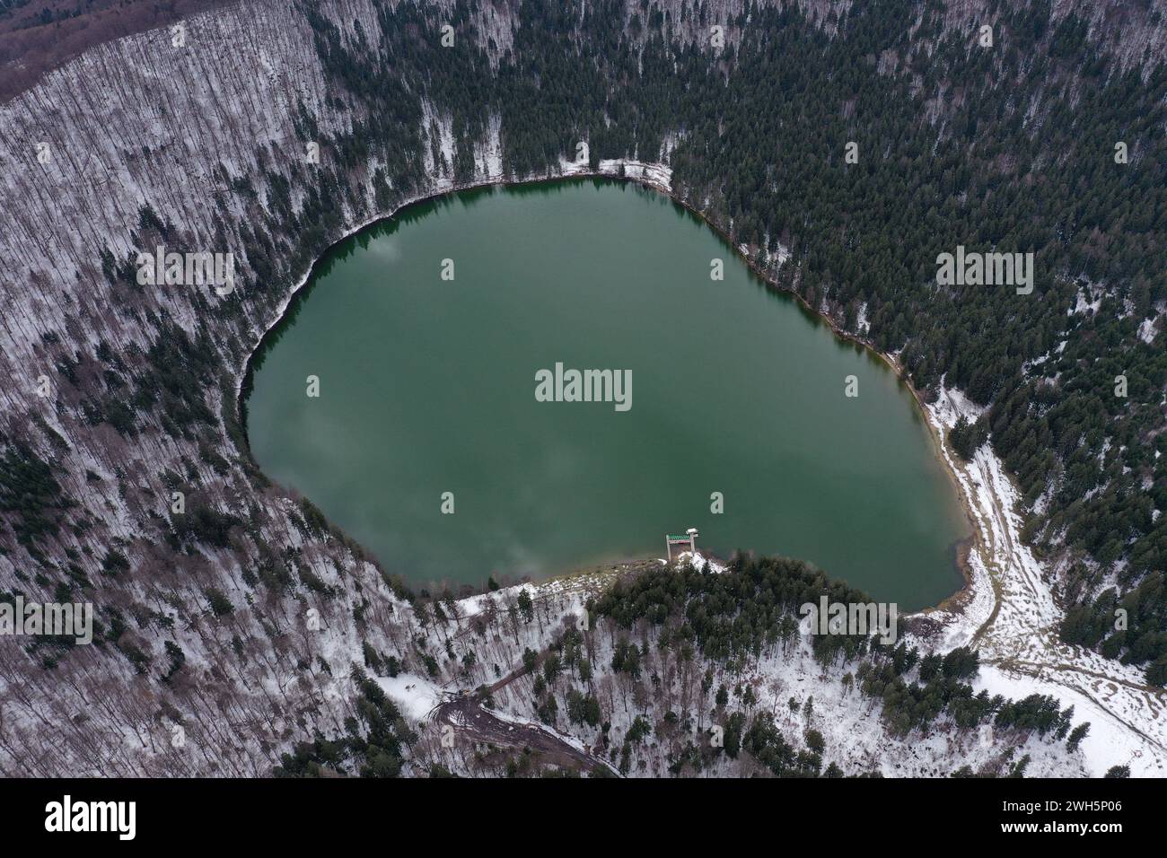 Aerial Drone View of a Volcanic Crater Lake at Winter. Flying Above ...