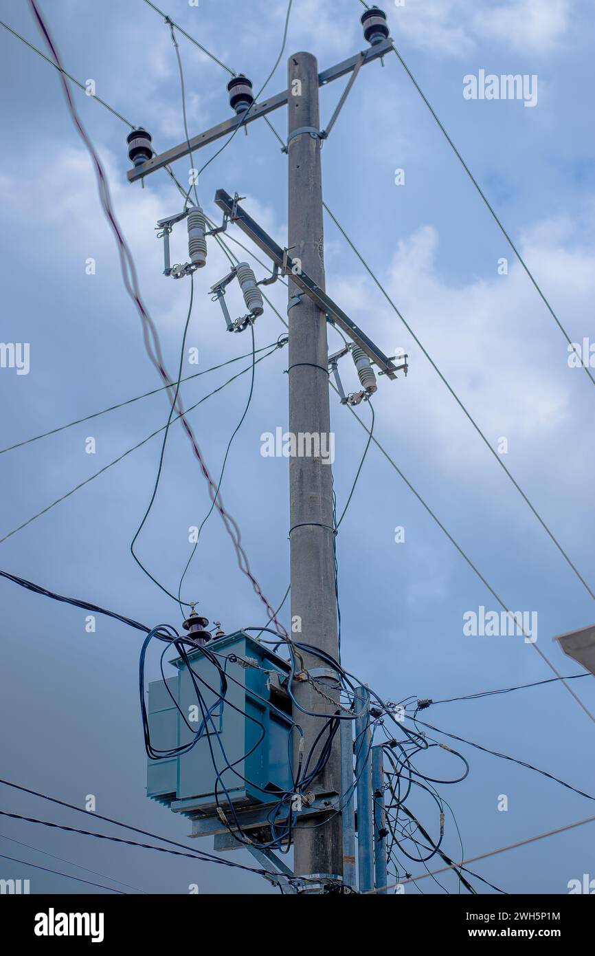 high power pole with many wires Stock Photo - Alamy