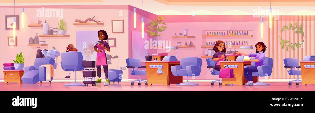 Hair salon interior with haircut and manicure areas. Cartoon vector ...