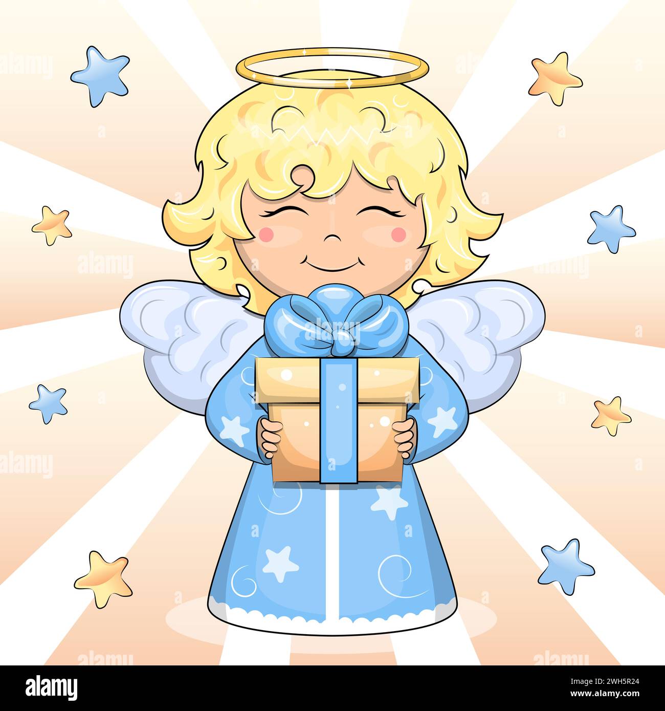 Cute cartoon angel holding a gift. Christmas or Birthday vector ...