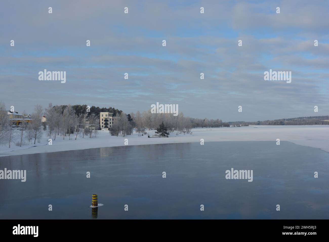 A real snowy Finnish winter with lakes in city Varkaus, Finland. A ...