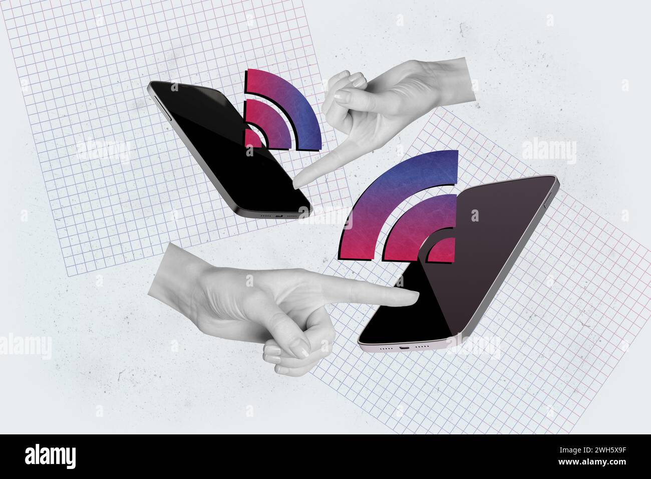 Collage 3d pinup pop sketch image of arms pointing apple iphone samsung ...