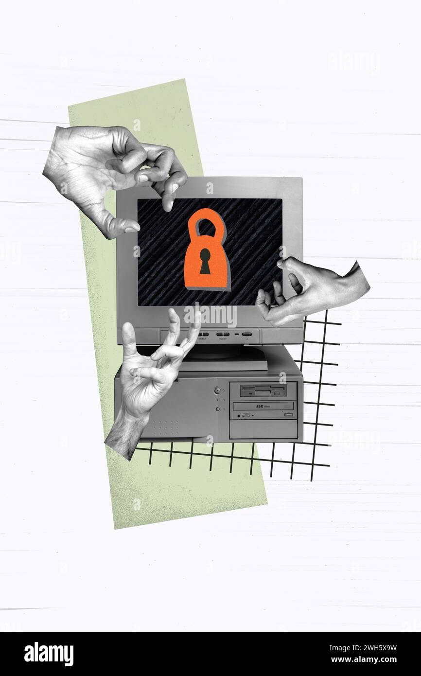 Vertical collage poster computer monitor screen padlock locked access ...