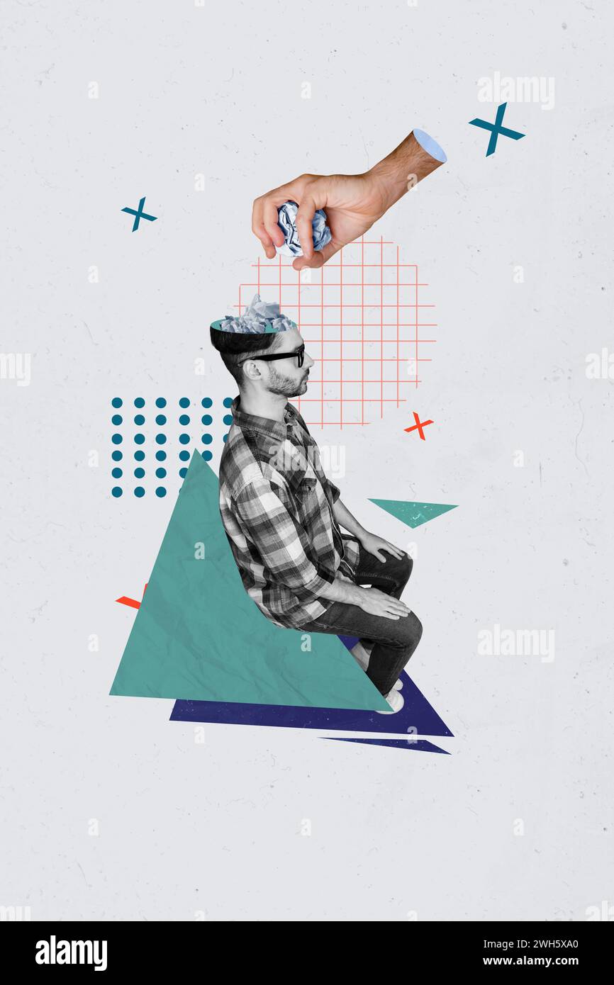 Creative vertical collage poster young sitting man get propaganda ...