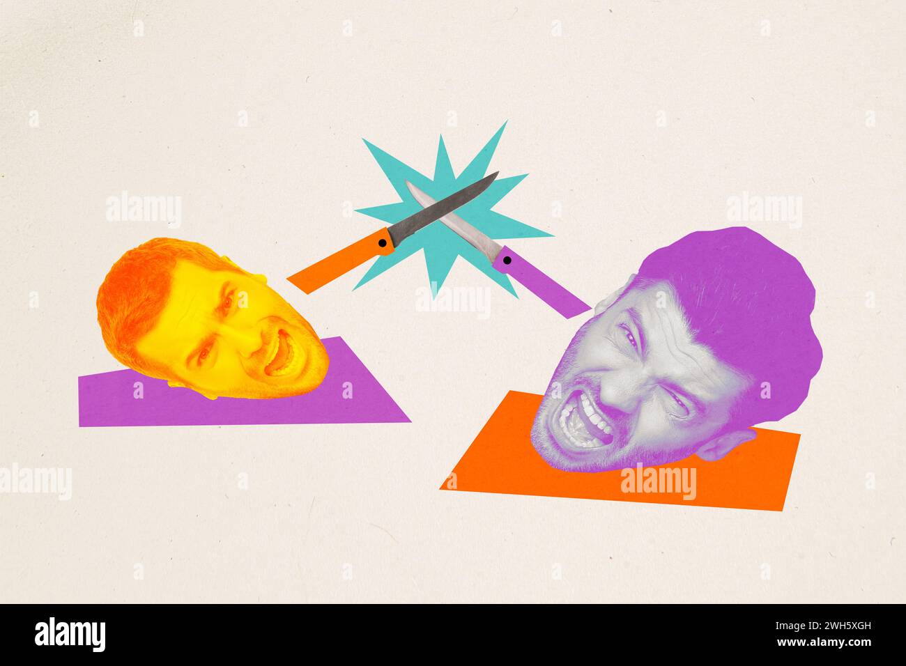 Collage two man heads body fragments fight each other crazy concept ...
