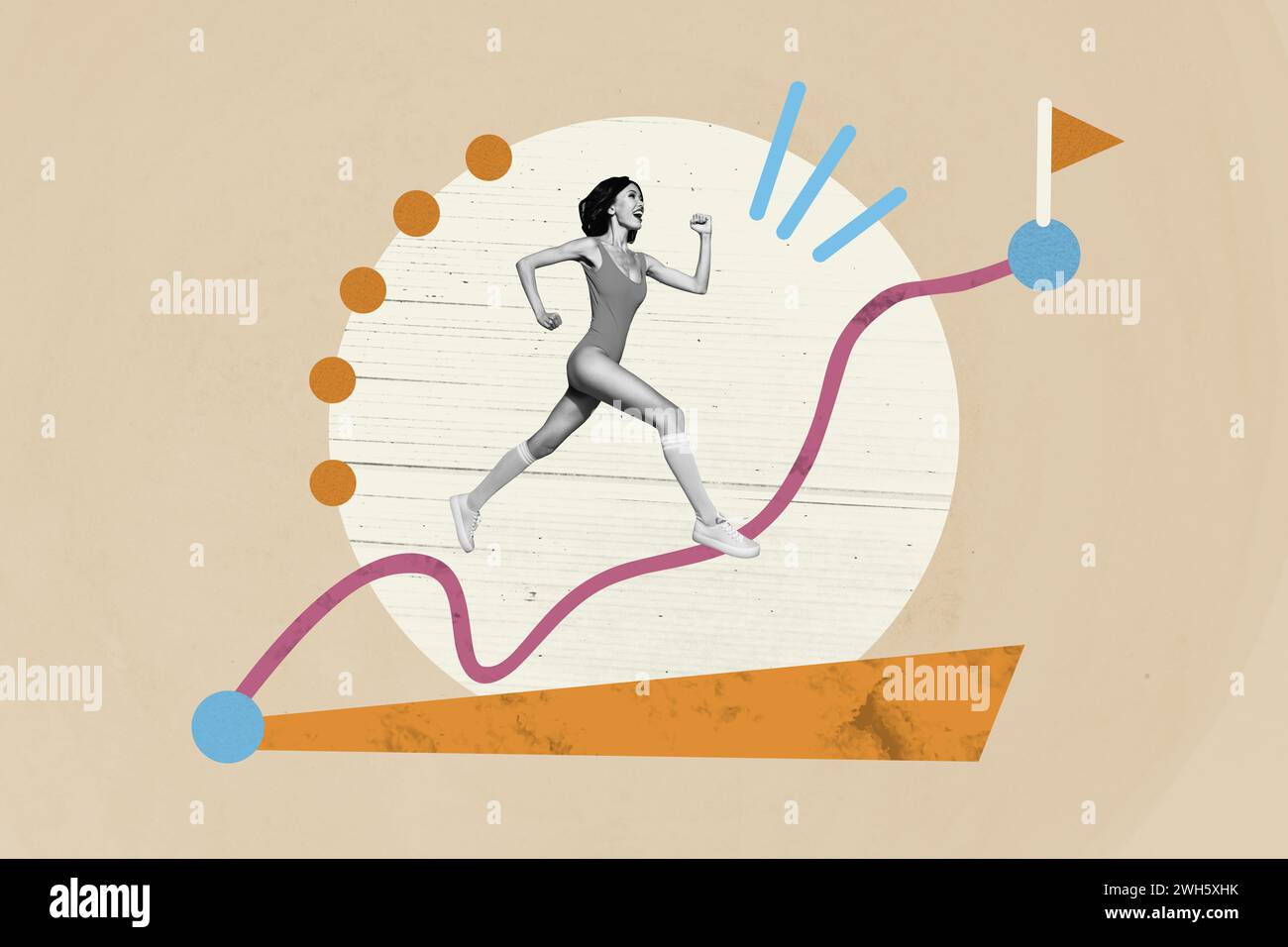 Creative photo collage young running girl fitness athlete marathon ...