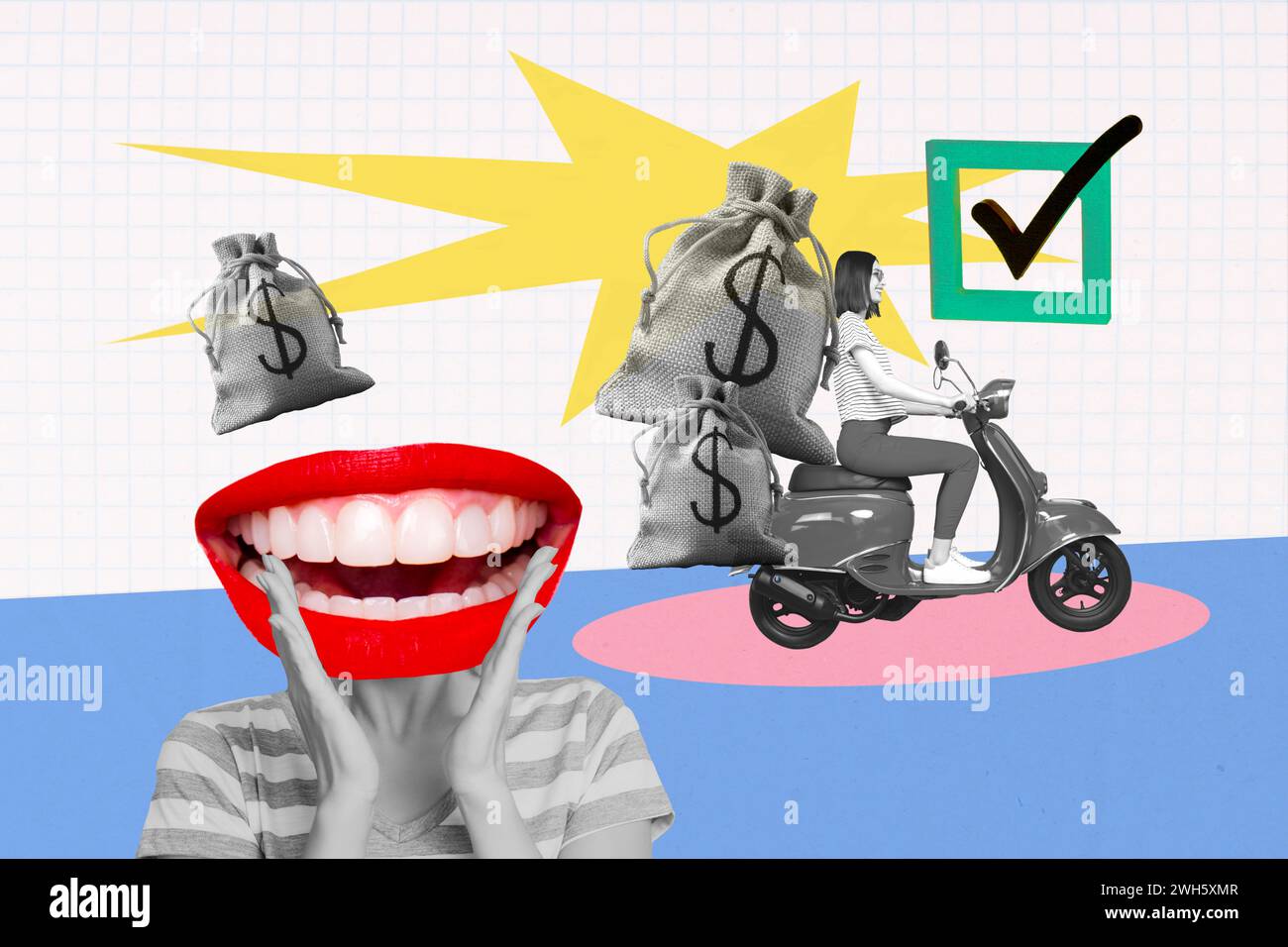 Creative collage young girl driving scooter motorbike tick successful ...