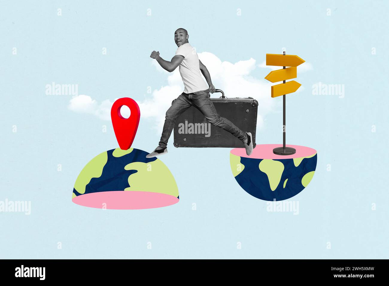 Photo collage poster young man go crossing half planet new location ...