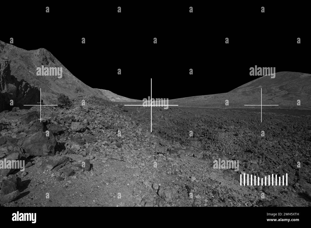 Black Lunar planet with rocky hills, mountains and sand. Moon ...