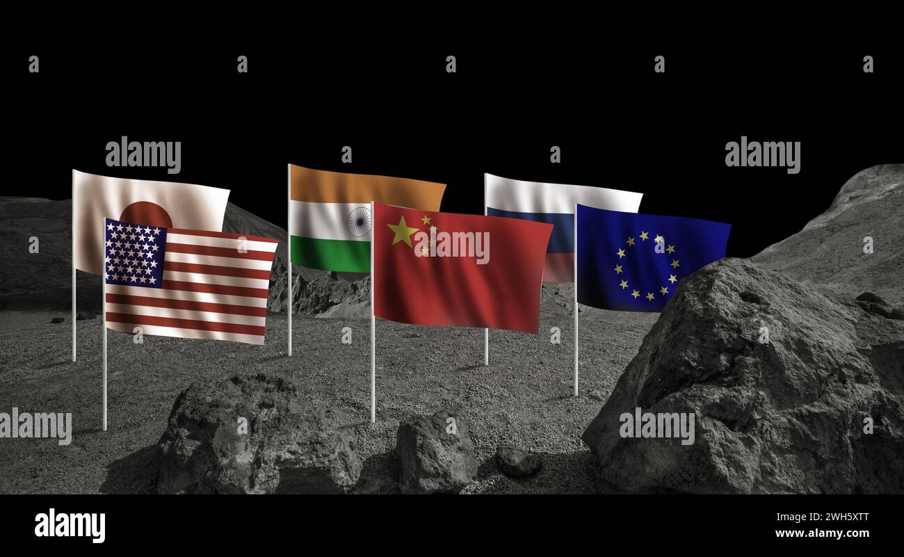 Flags on Moon Earth's satellite background. Exploration and science ...