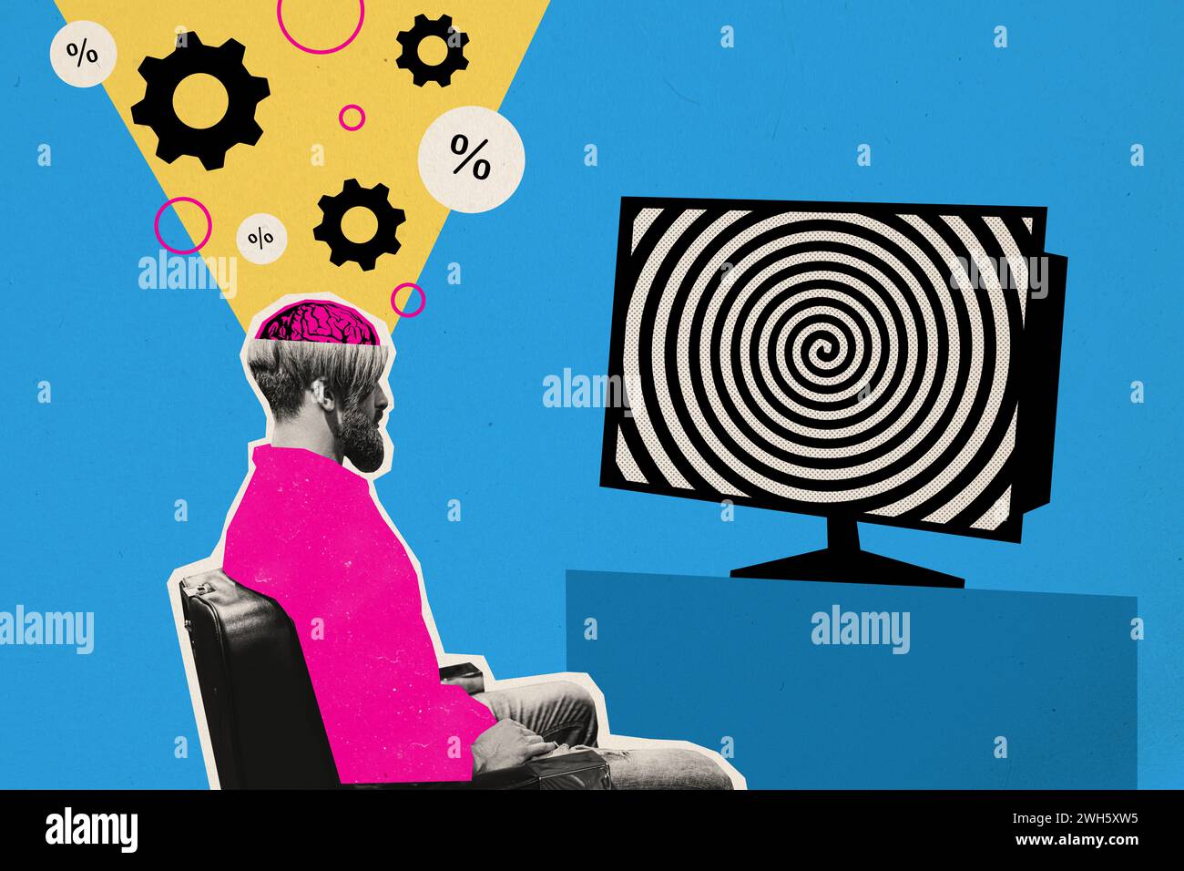 Photo collage picture sitting young man watching monitor hypnosis ...