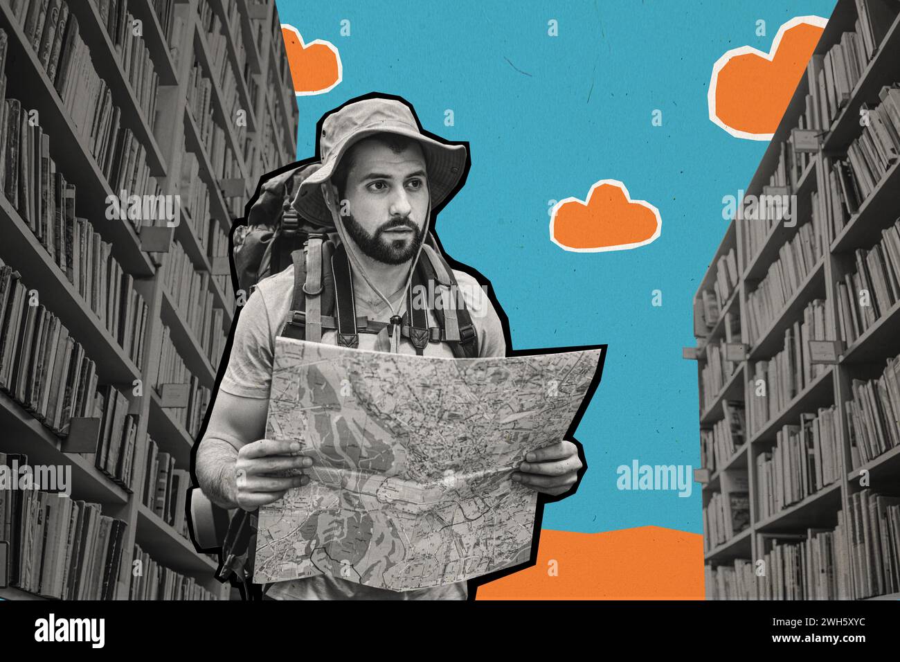 Creative photo collage young man tourist go discover explore lost path ...