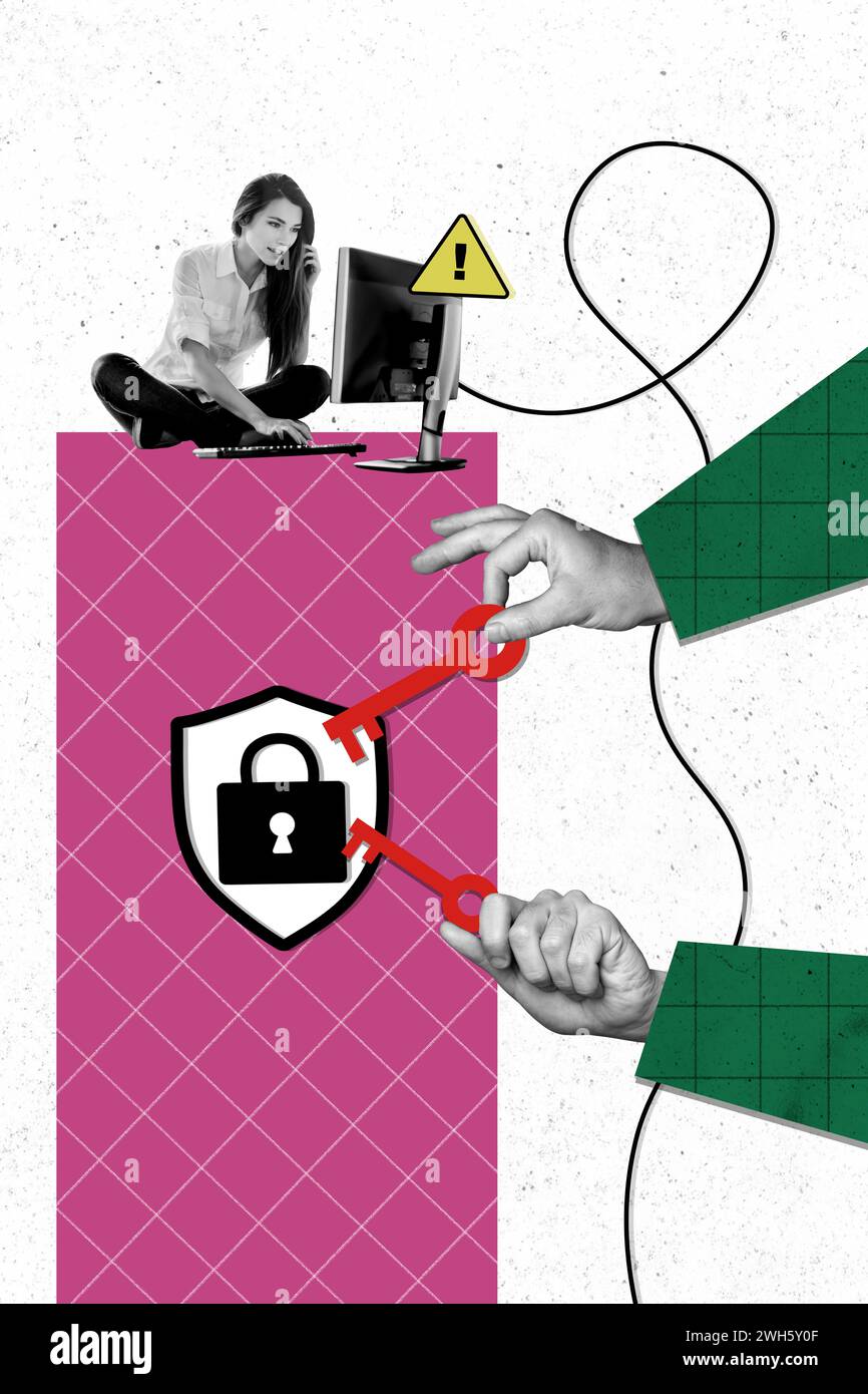 Vertical collage young woman pc user cyber security web safety ...