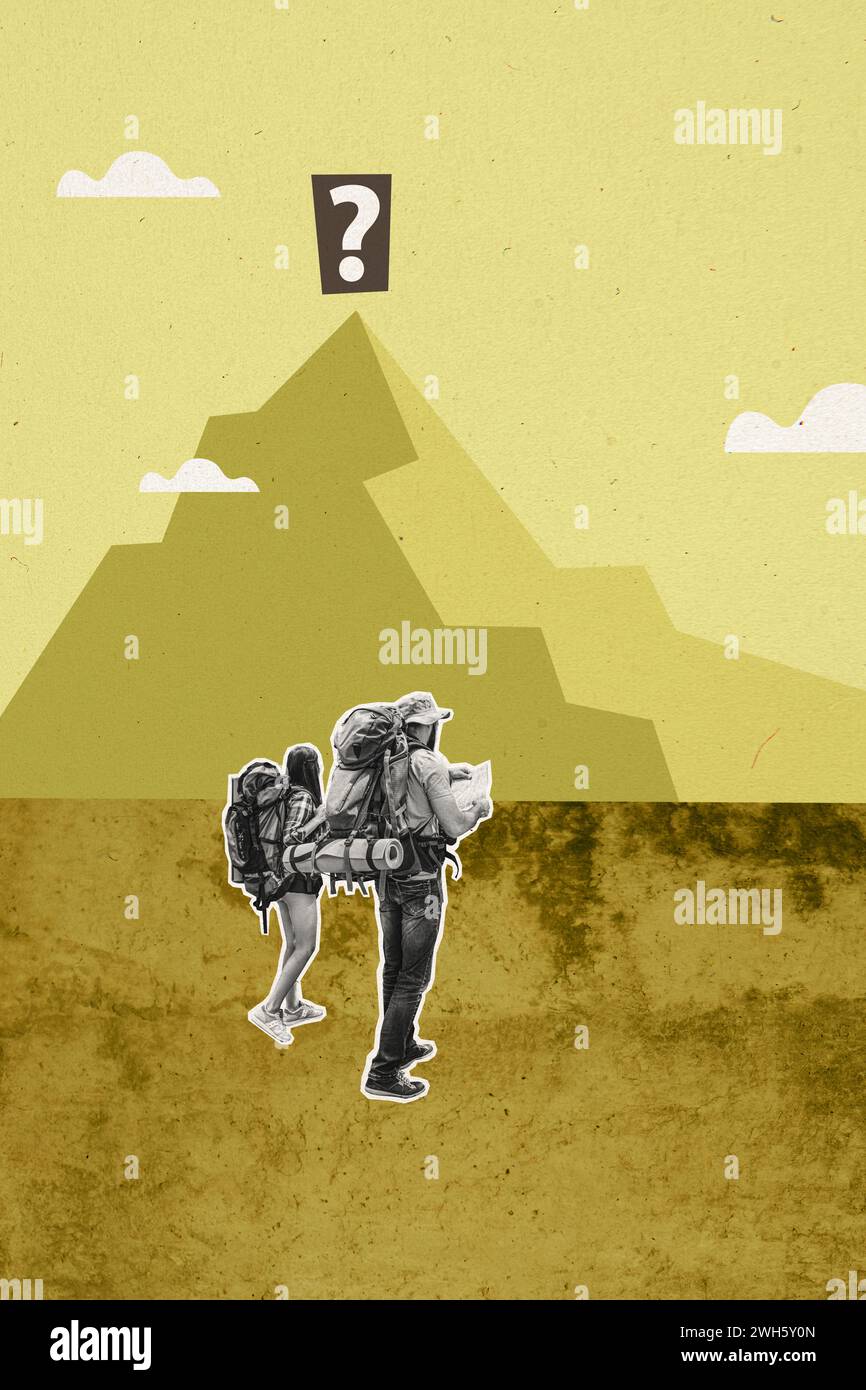 Vertical illustration collage lost couple campers find route path wild ...