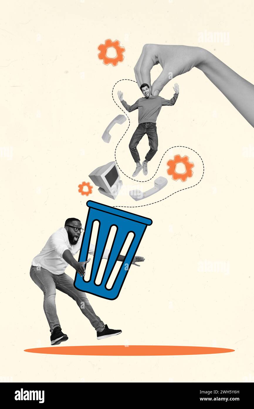 Vertical collage huge arm catch young clueless man throw computer ...