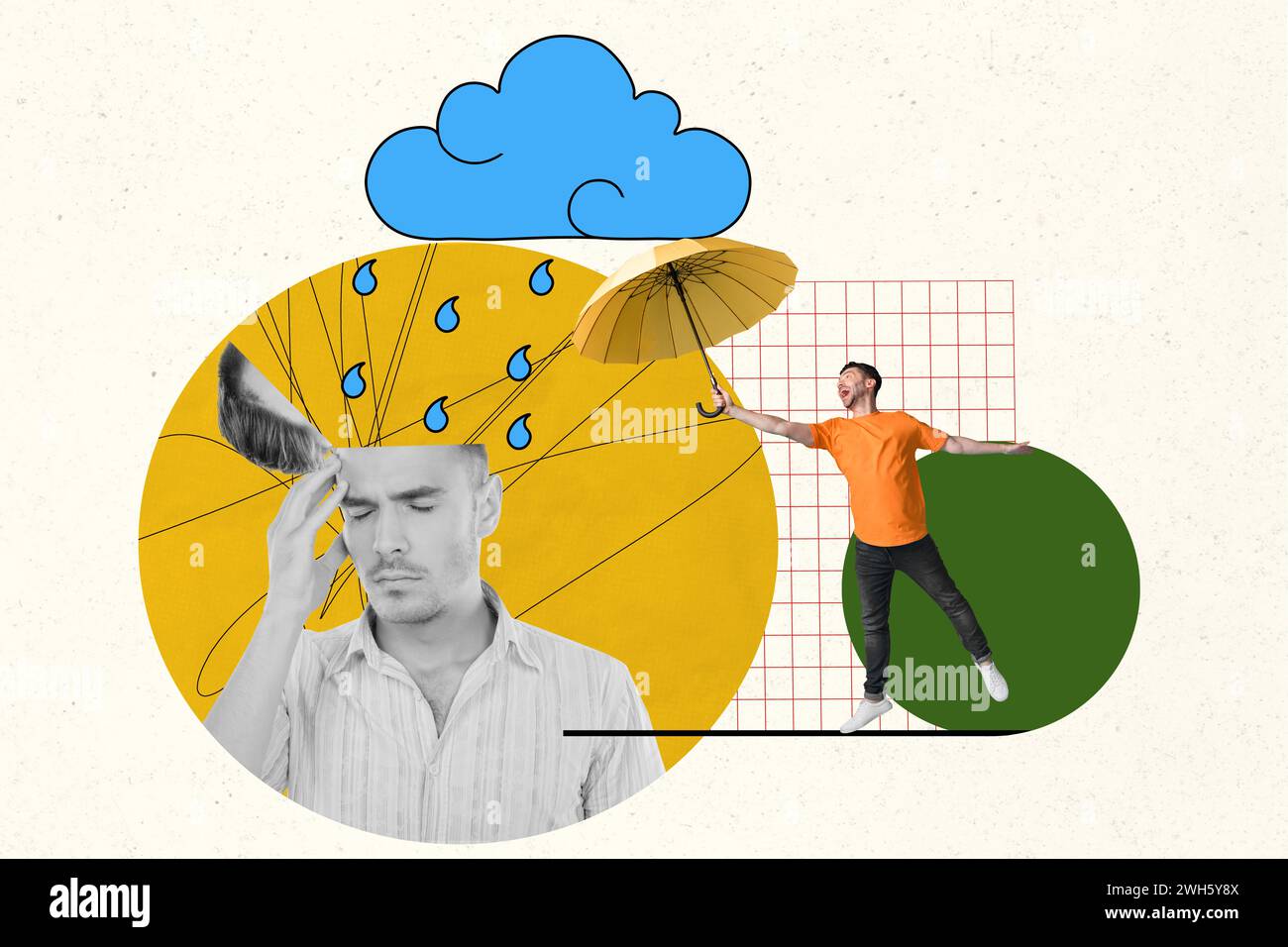 Collage 3d image retro sketch of sad man open head mind headache rainy ...