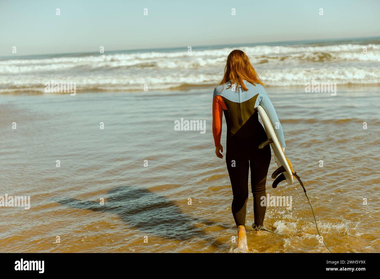 Back view of female surfer in wetsuit with his surfboard entering the ...