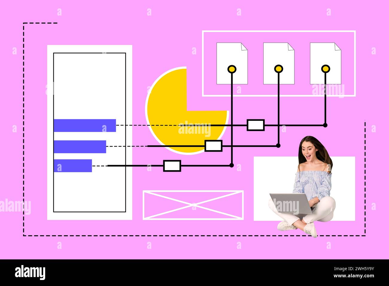 Abstract template graphics collage image of excited smiling lady ...