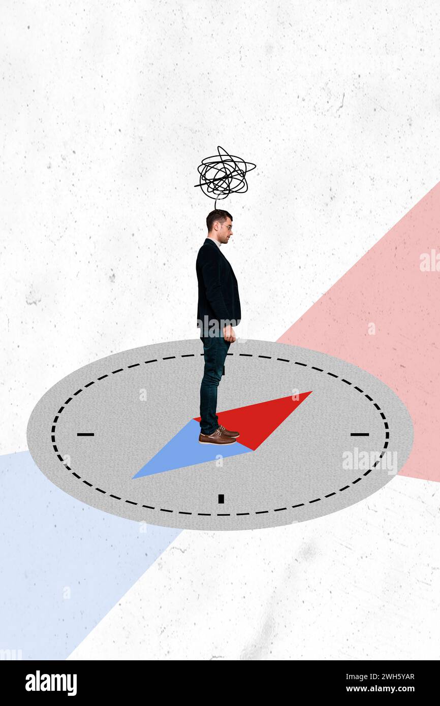 Artwork graphics collage of doubtful unsure worker standing big compass ...