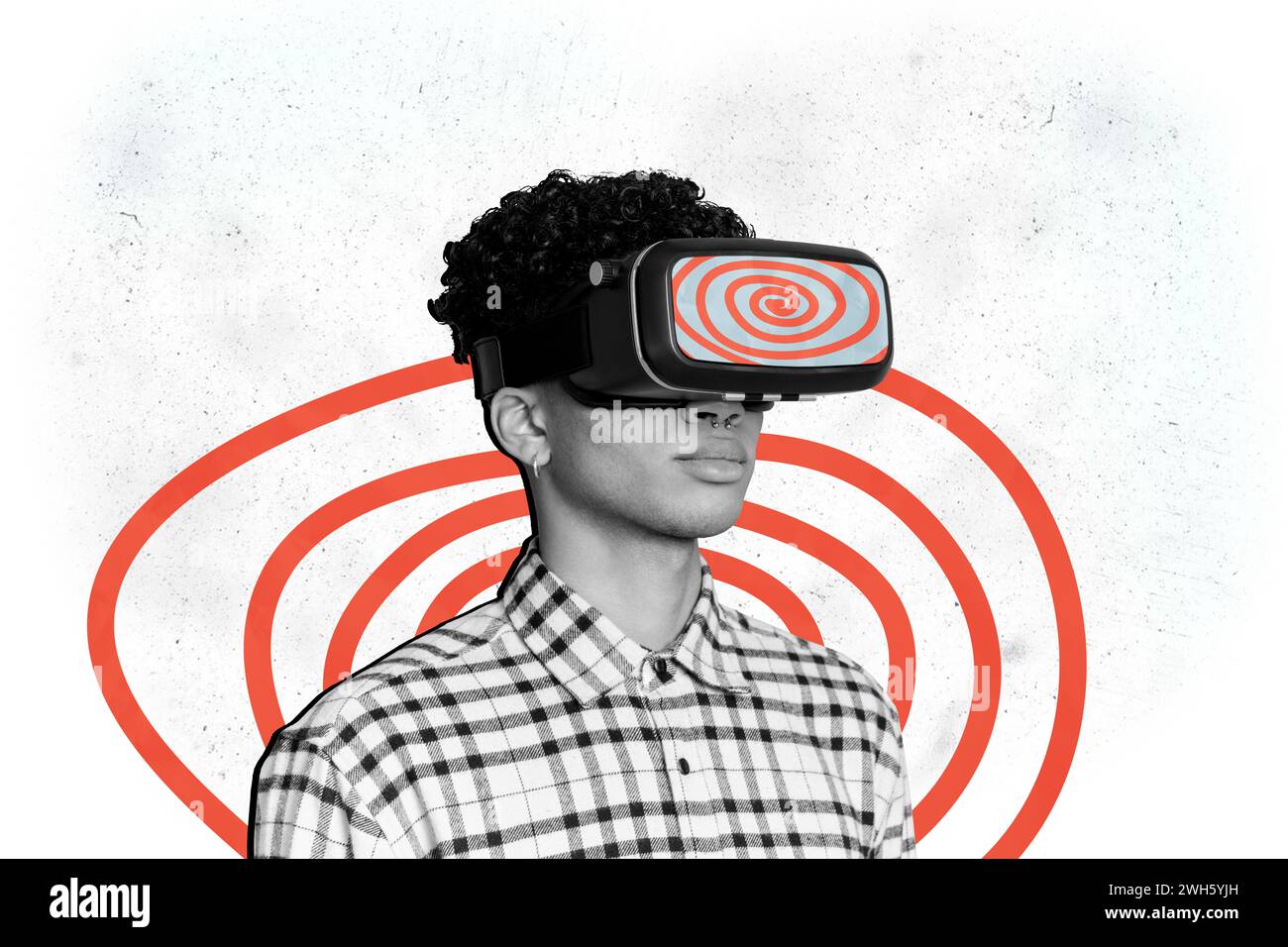Virtual reality concept collage of young guy in hypnotic video watching ...