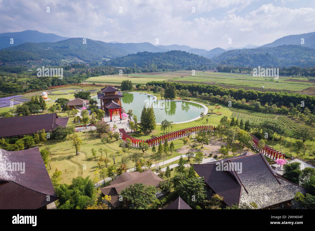 Aerial views of Japanese theme park Hinoki Land in Chai Prakan District, Chiang Mai, Thailand ...