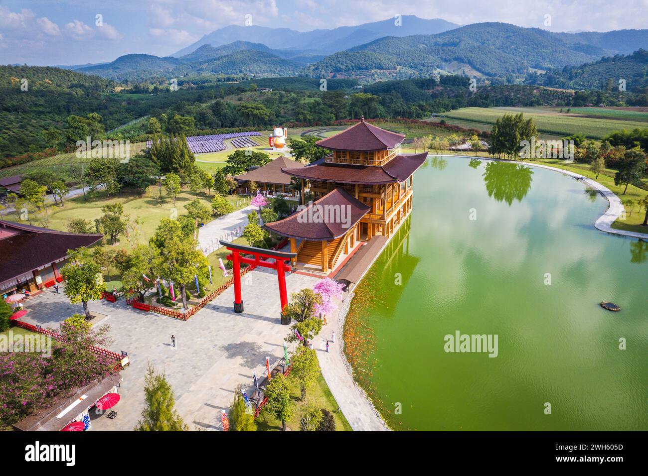 Aerial views of Japanese theme park Hinoki Land in Chai Prakan District, Chiang Mai, Thailand ...