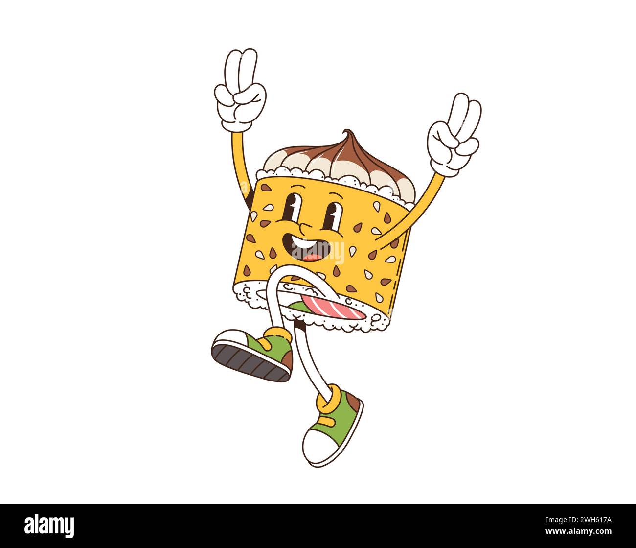 Cartoon retro groovy Japanese roll character. Isolated vector asian ...